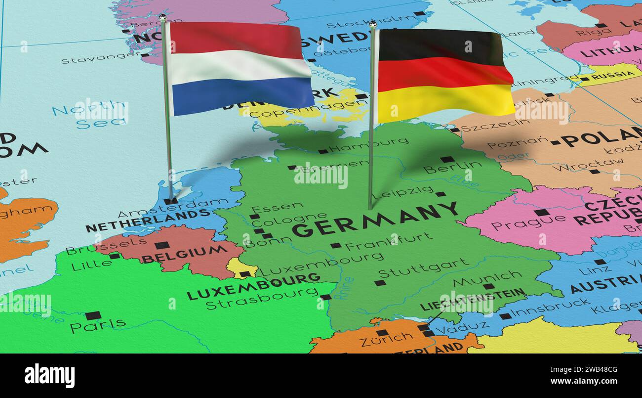 Germany and Netherlands - pin flags on political map - 3D illustration ...