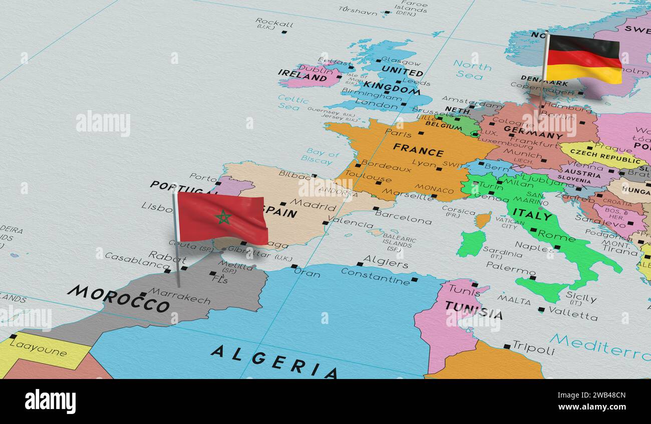 Germany and Morocco - pin flags on political map - 3D illustration ...
