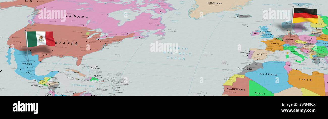 Germany and Mexico - pin flags on political map - 3D illustration Stock ...