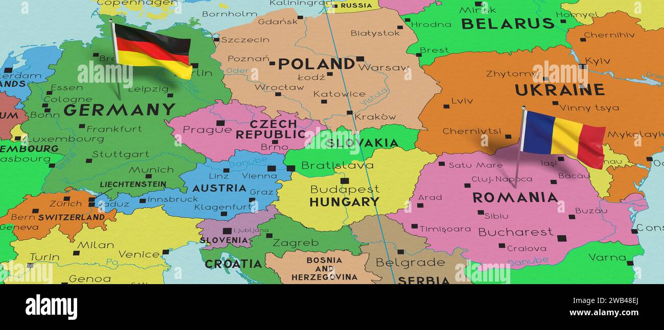 Germany and Romania - pin flags on political map - 3D illustration ...