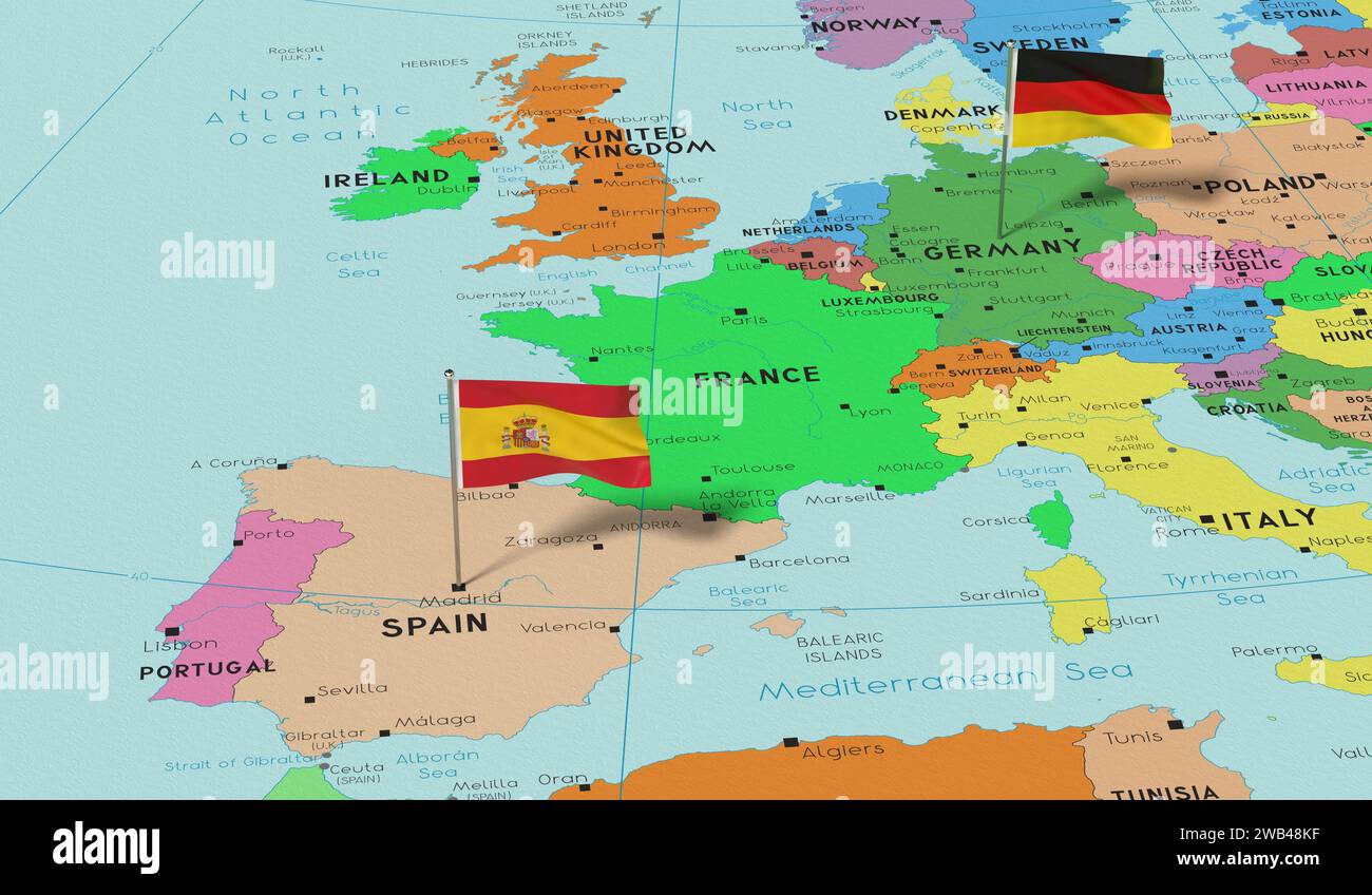 Germany and Spain - pin flags on political map - 3D illustration Stock ...