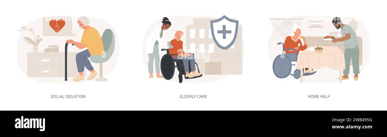 Older people living isolated concept vector illustration set. Social ...