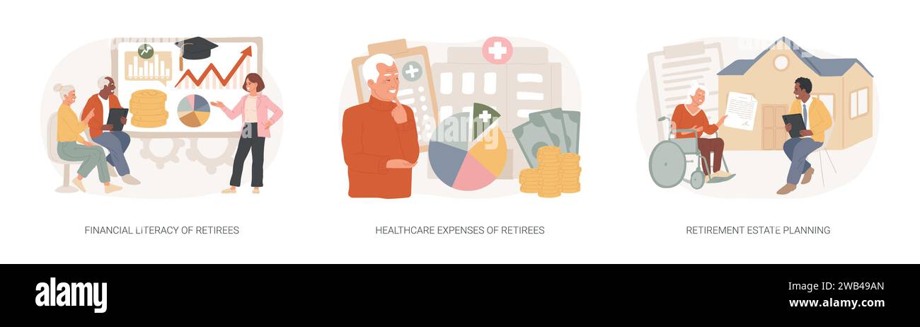 Retiree budget plan isolated concept vector illustration set. Financial literacy of retirees ...