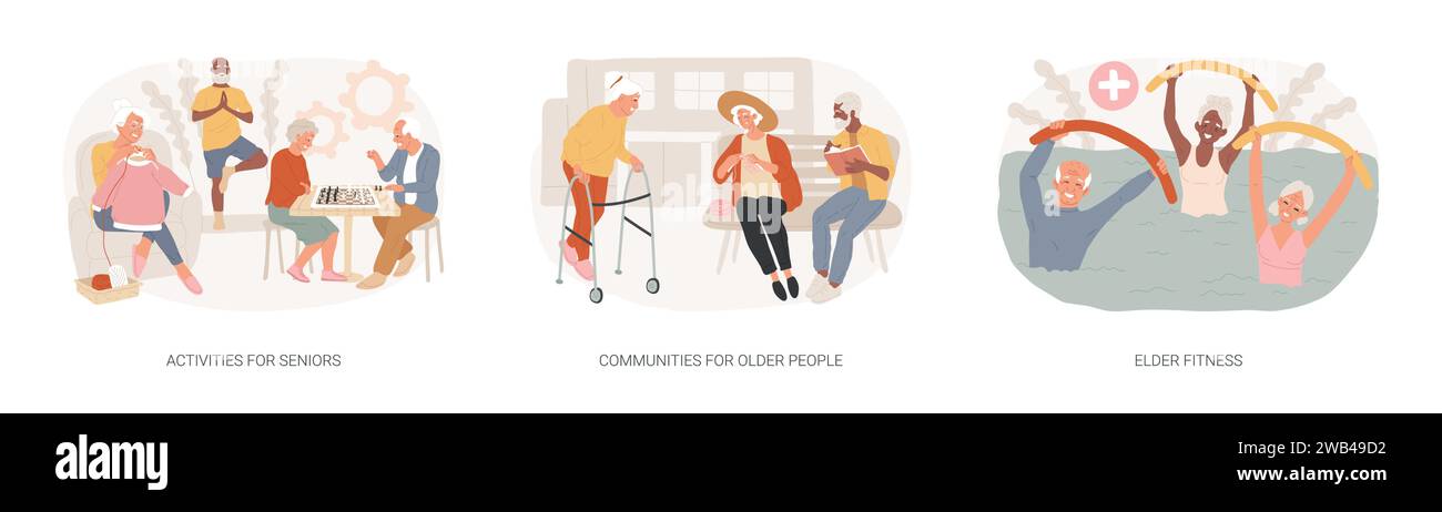 Retiree lifestyle isolated concept vector illustration set. Activities for seniors, communities ...