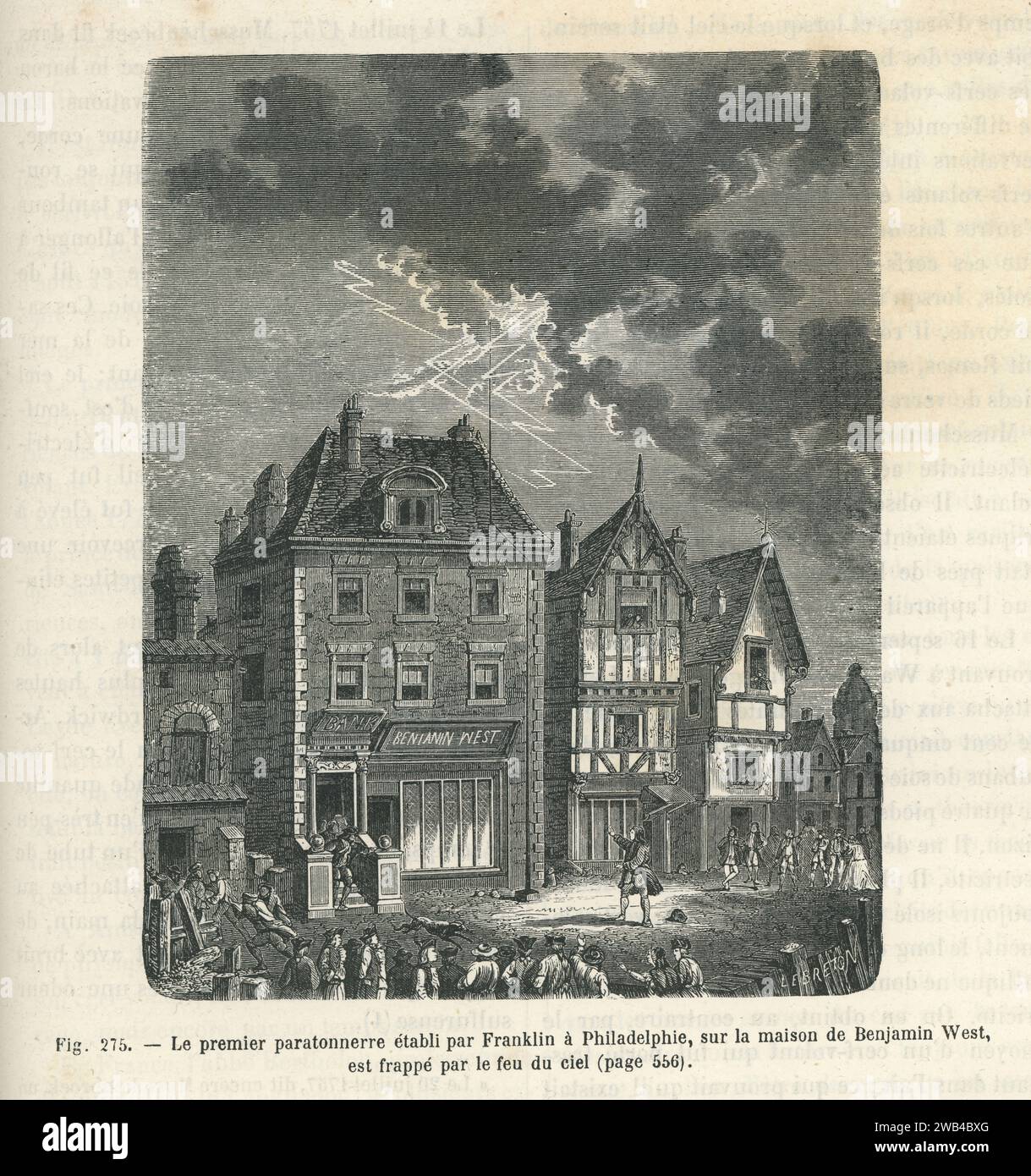 Lightning striking the first lightning conductor installed by Benjamin ...