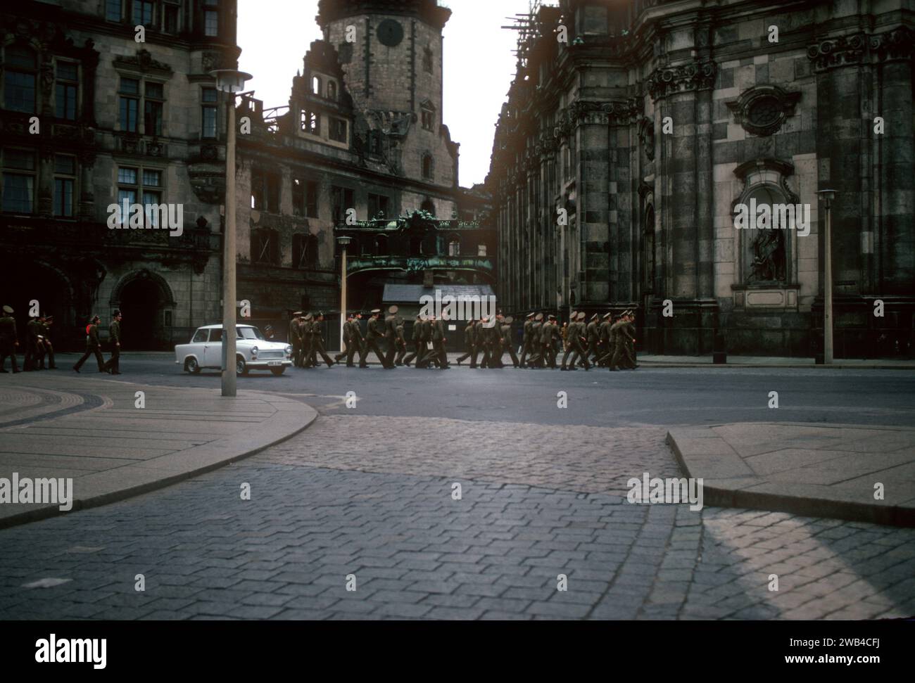 Soviet soldiers passing in front of the Residenzschloss in Dresden ...