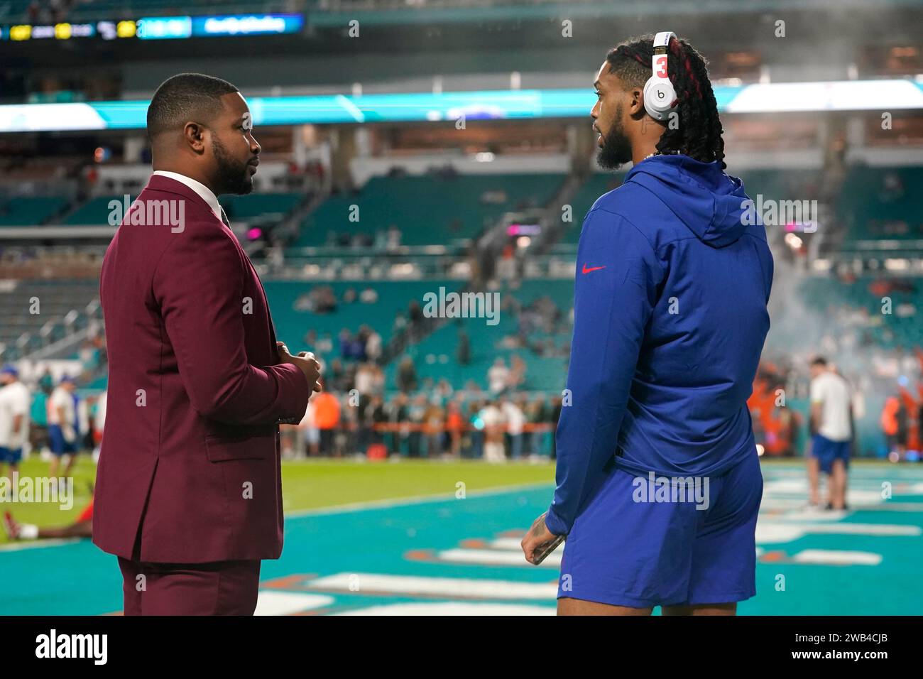 NFL Network reporter Cameron Wolfe, left, talks with Buffalo Bills ...