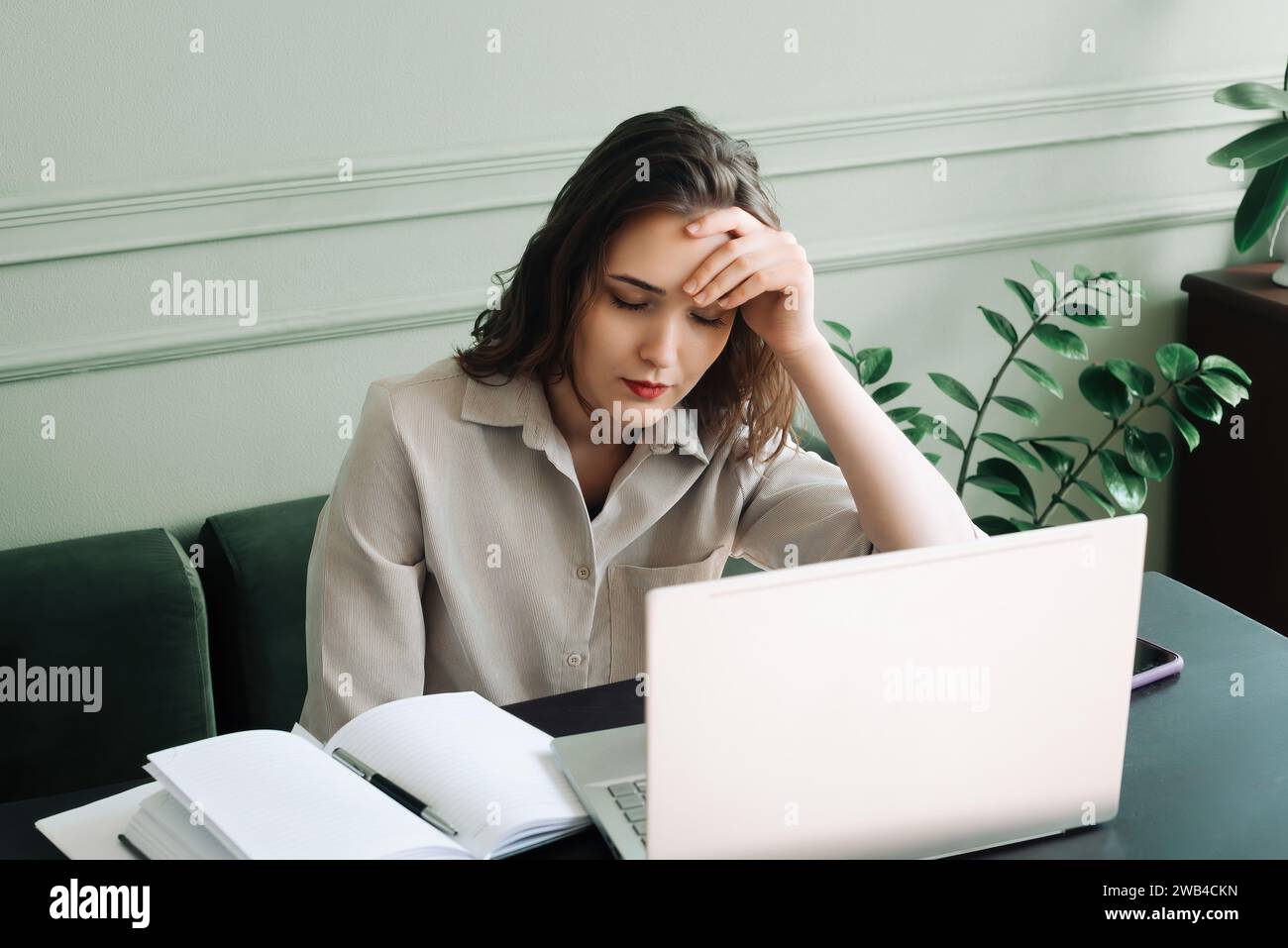 Overworked and Stressed. Young Woman Napping at Laptop, Lost in ...