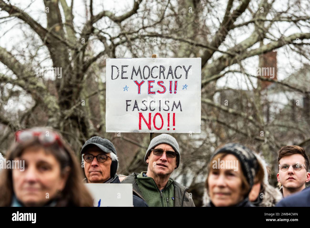 Person in crowd holding sign with Democracy Yes, Facism No, at rally on ...