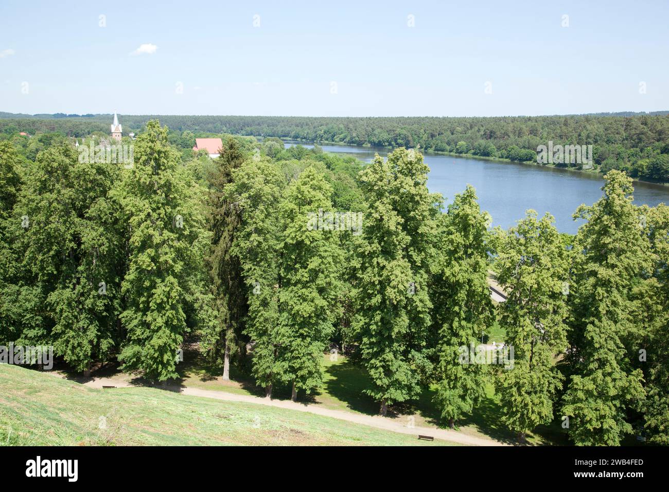 The aerial view of Birstonas resort town park by Neman River in Summer ...