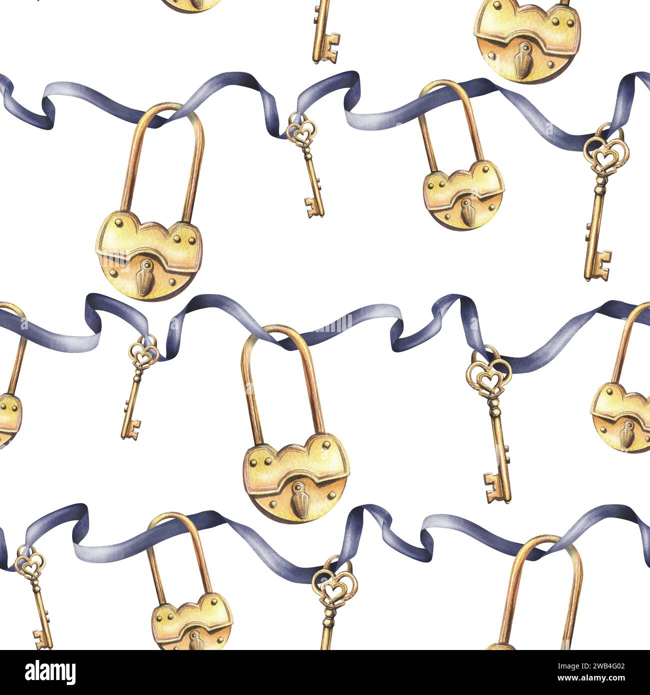Golden keys and locks suspended on a dark blue ribbon. Hand drawn ...