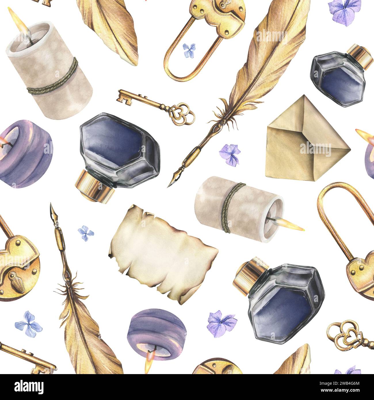 Writing supplies: papyrus paper, craft envelope, gold pen, ink in a ...