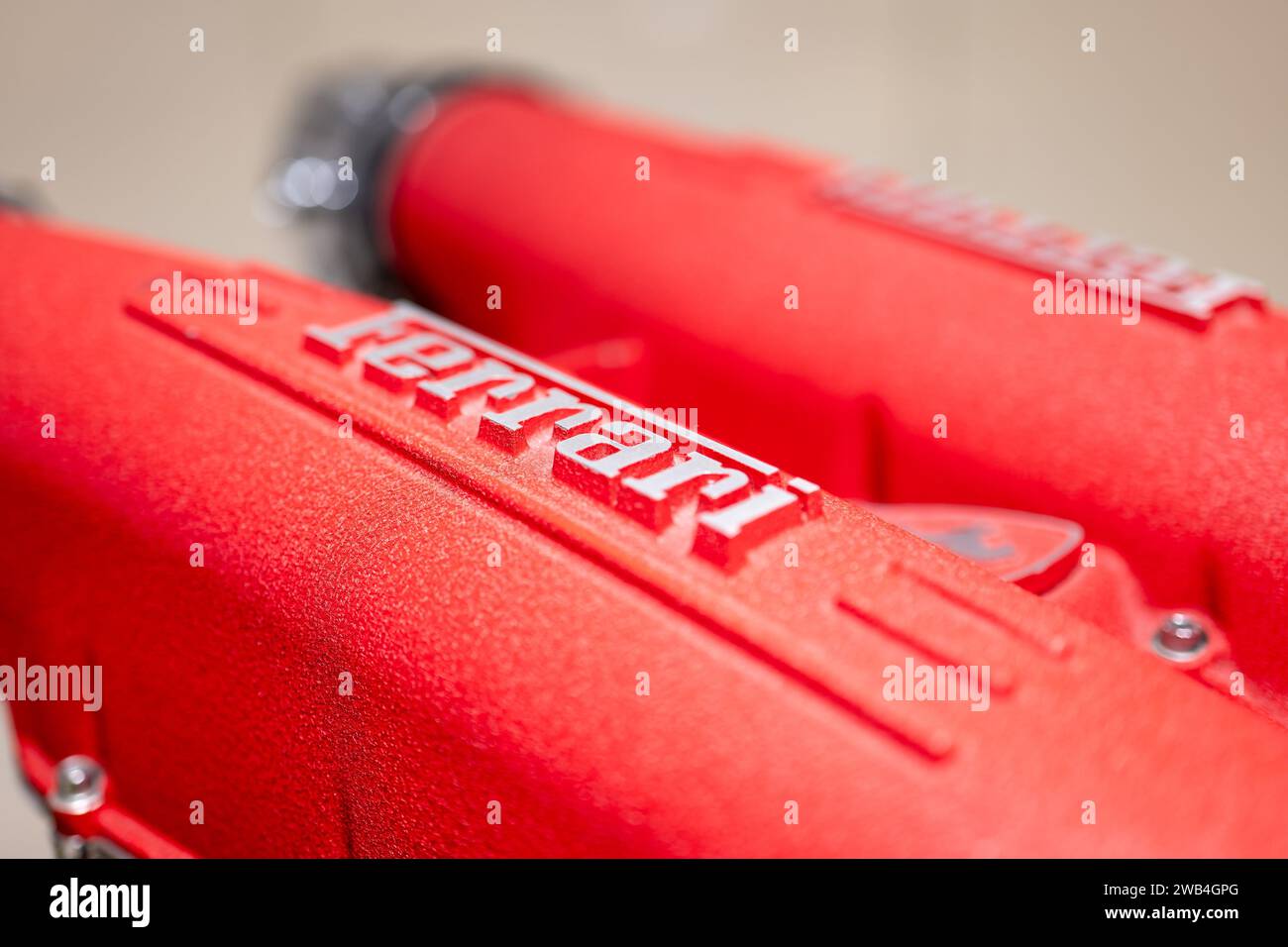 MODENA, ITALY - APRIL 21, 2022: Detail of red block of Ferrari engine ...
