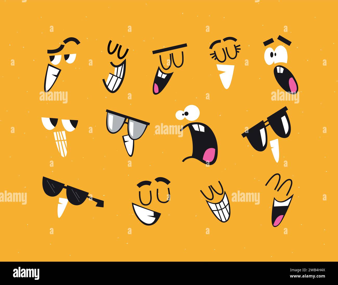 Emotion smile faces drawing in cartoon style on yellow background Stock ...