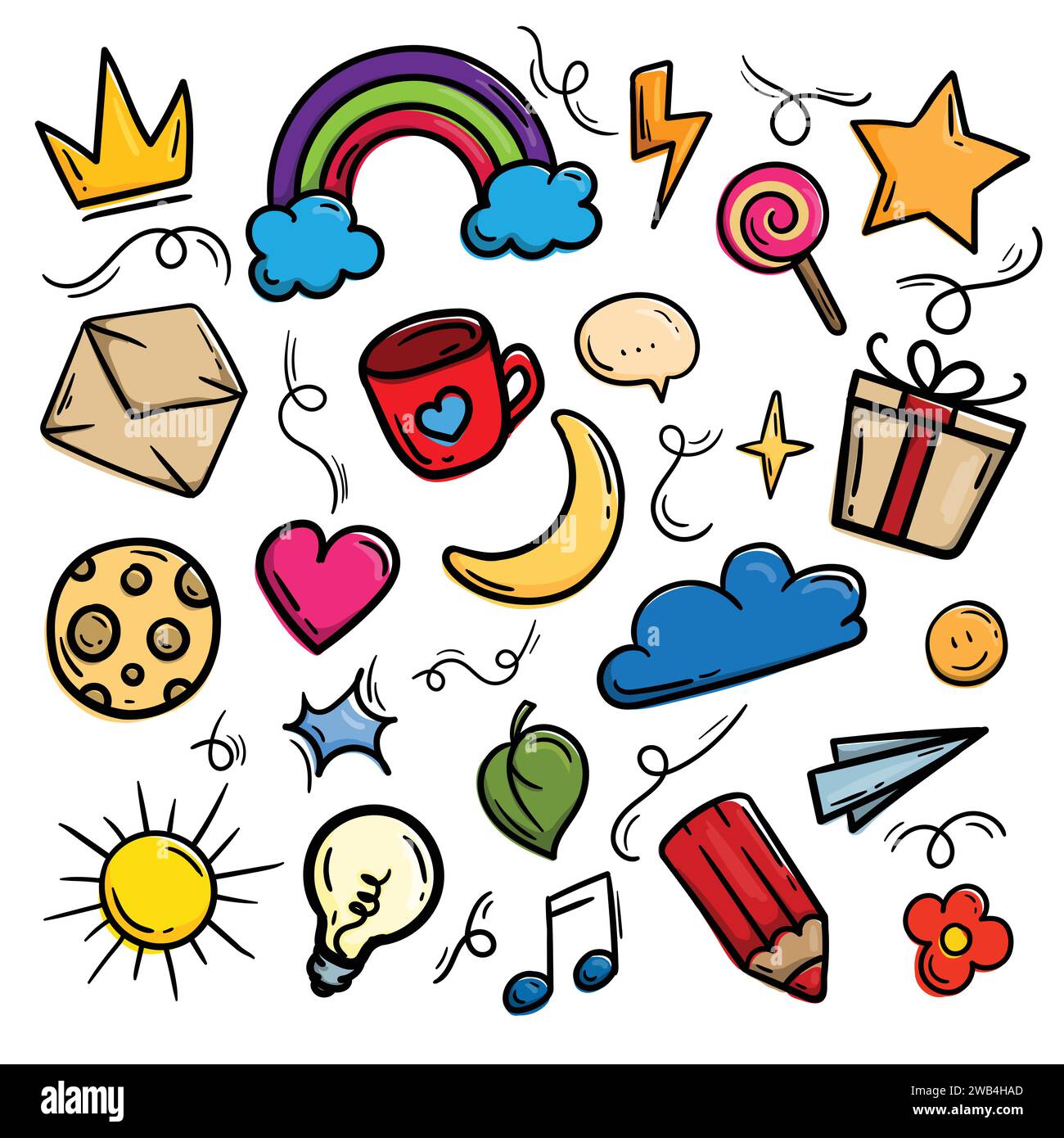 Vector set of bright cute doodle elements hand draw: rainbow, heart ...