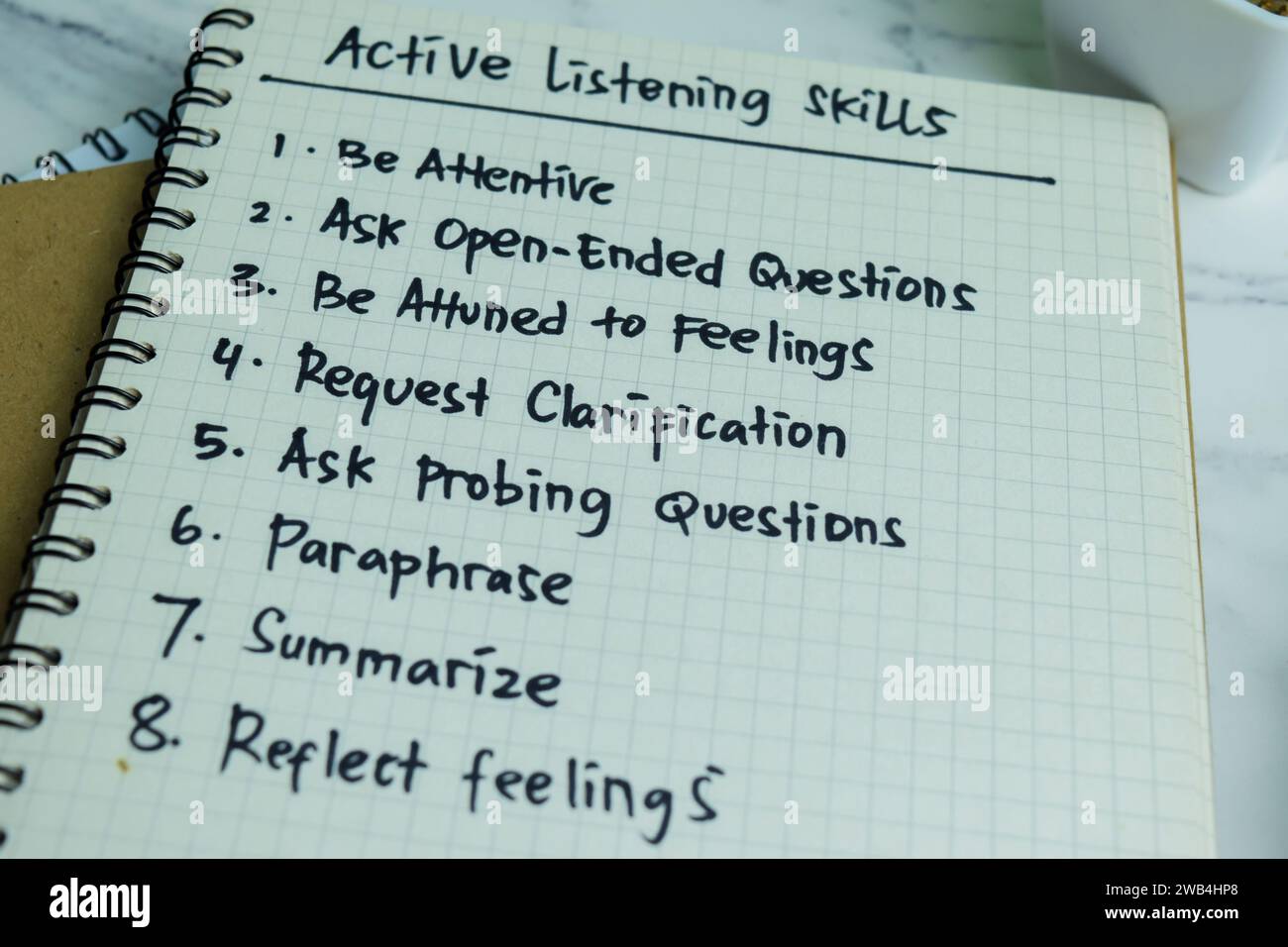 Concept of Active Listening Skills write on book with keywords isolated ...