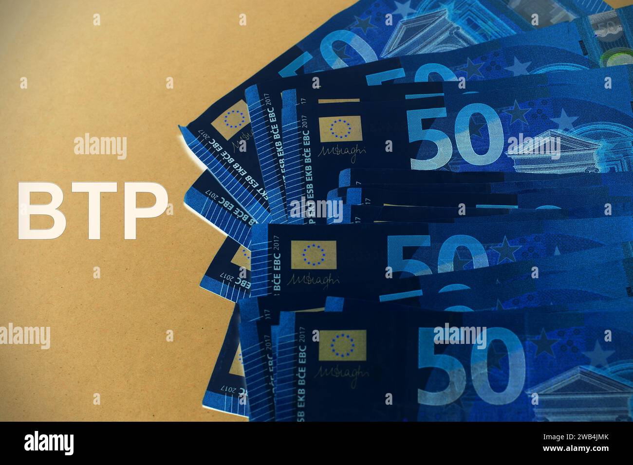 European banknotes with text “BTP” translating as Italian government ...
