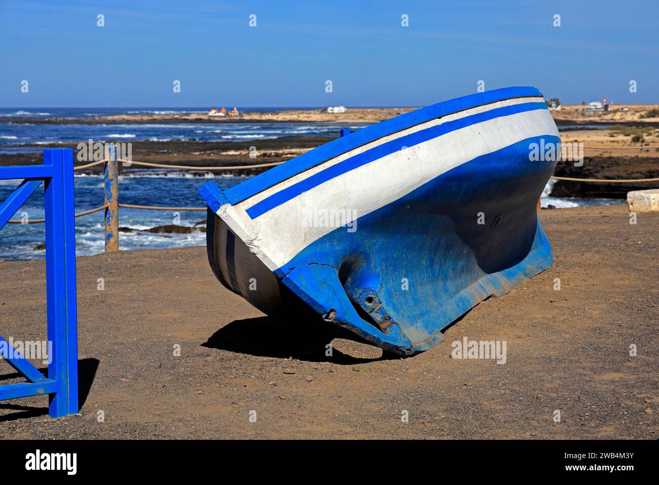 Blue and white boat on its side - novelty bench on the headland at El Cotillo, Fuerteventura ...