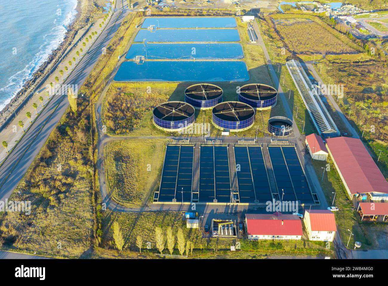 Aerial view of sewage treatment plant. Industrial water treatment with ...