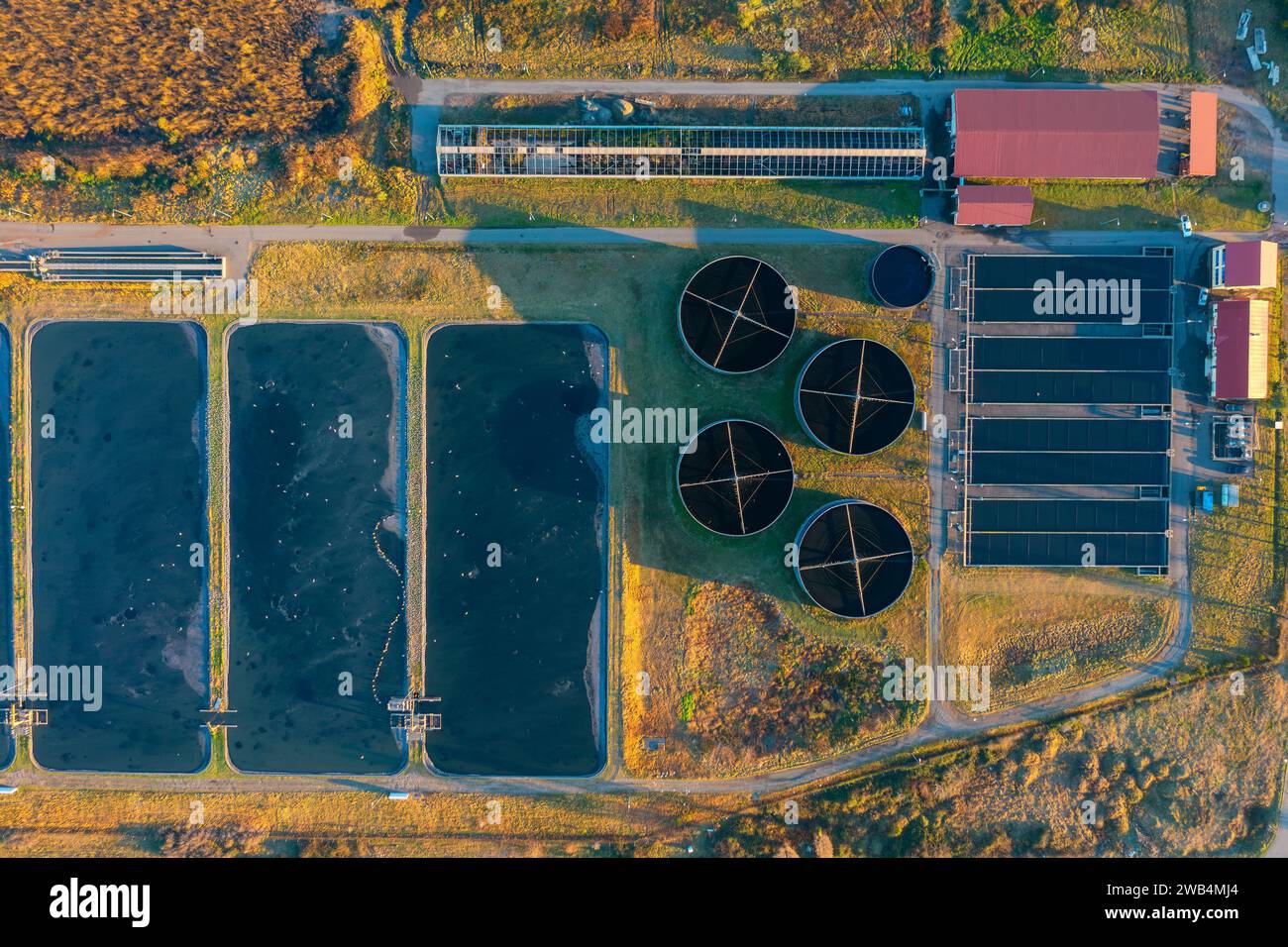Aerial top down view of sewage treatment plant. Industrial water ...