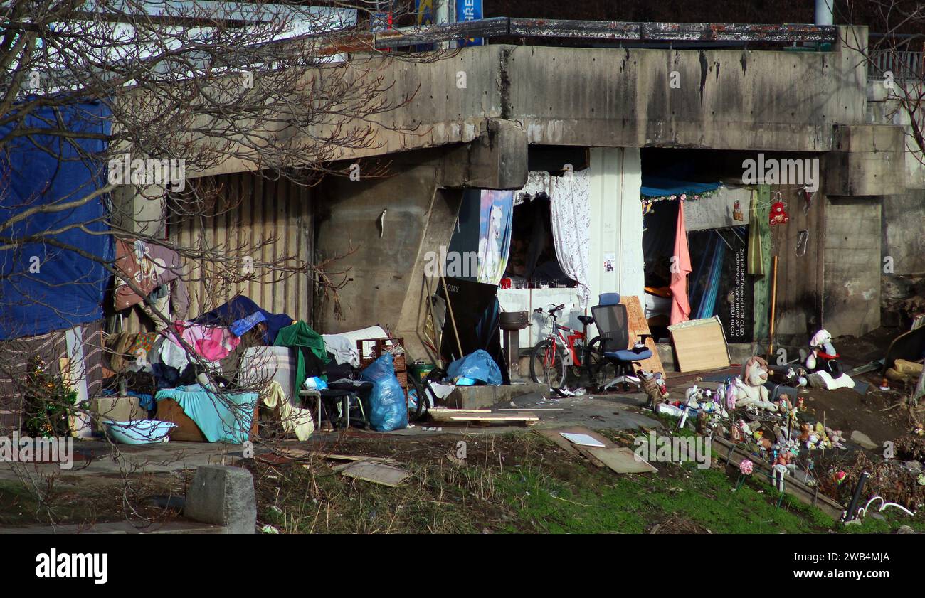 Homeless people and their shelters under the Hlavek Bridge bridge in ...