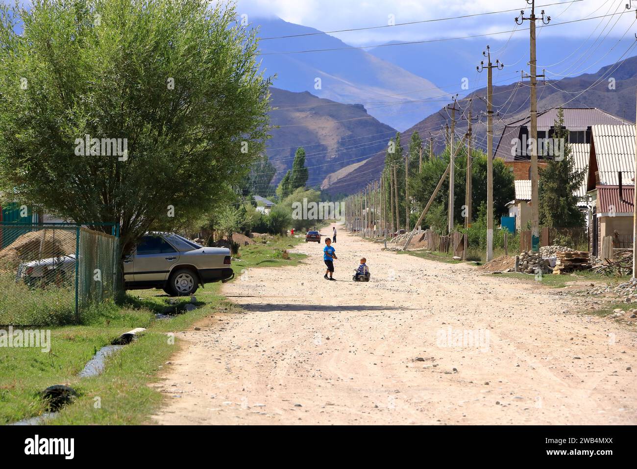 August 26 2023 - Kyzyl Tuu, Issyk-Kul Region in Kyrgyzstan: street ...