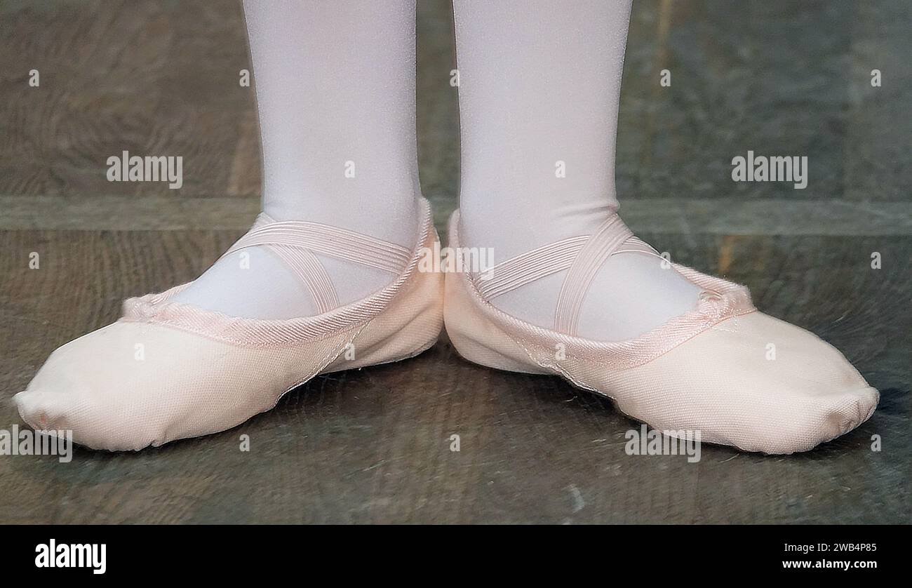 Children's feet in pointe shoes, class in a children's ballet studio ...