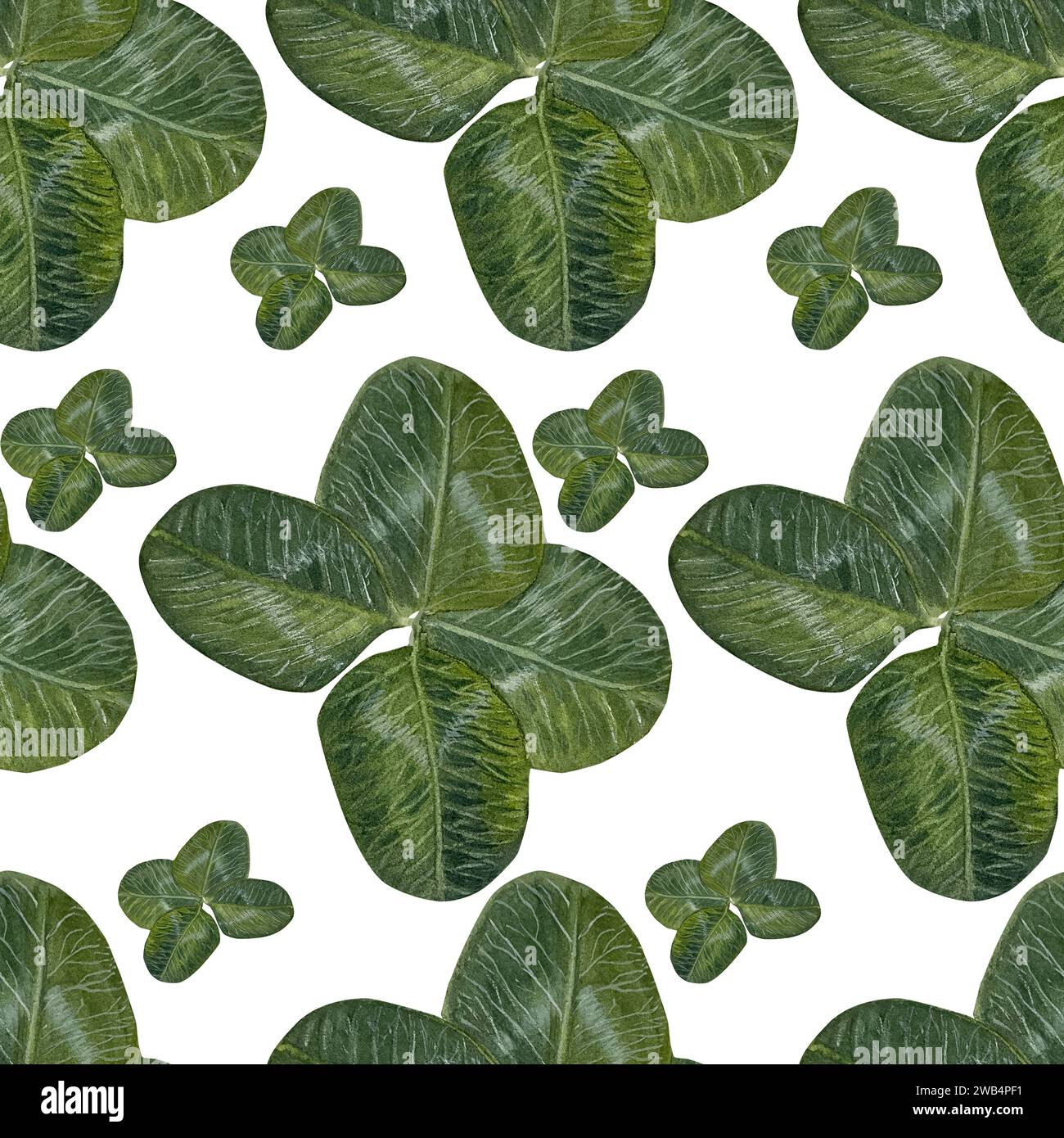 Seamless watercolor floral pattern with four clover leaves, white ...