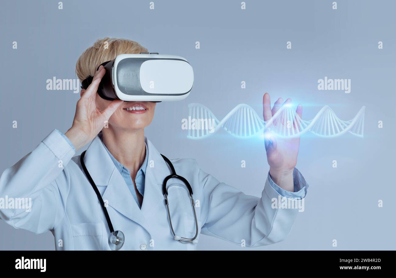 Professional woman doctor in VR glasses studying blue glowing virtual ...