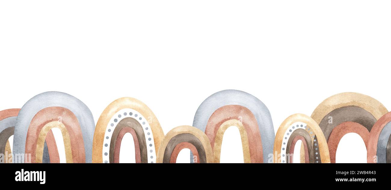 watercolor childish boho seamless pattern border with rainbows in pale ...
