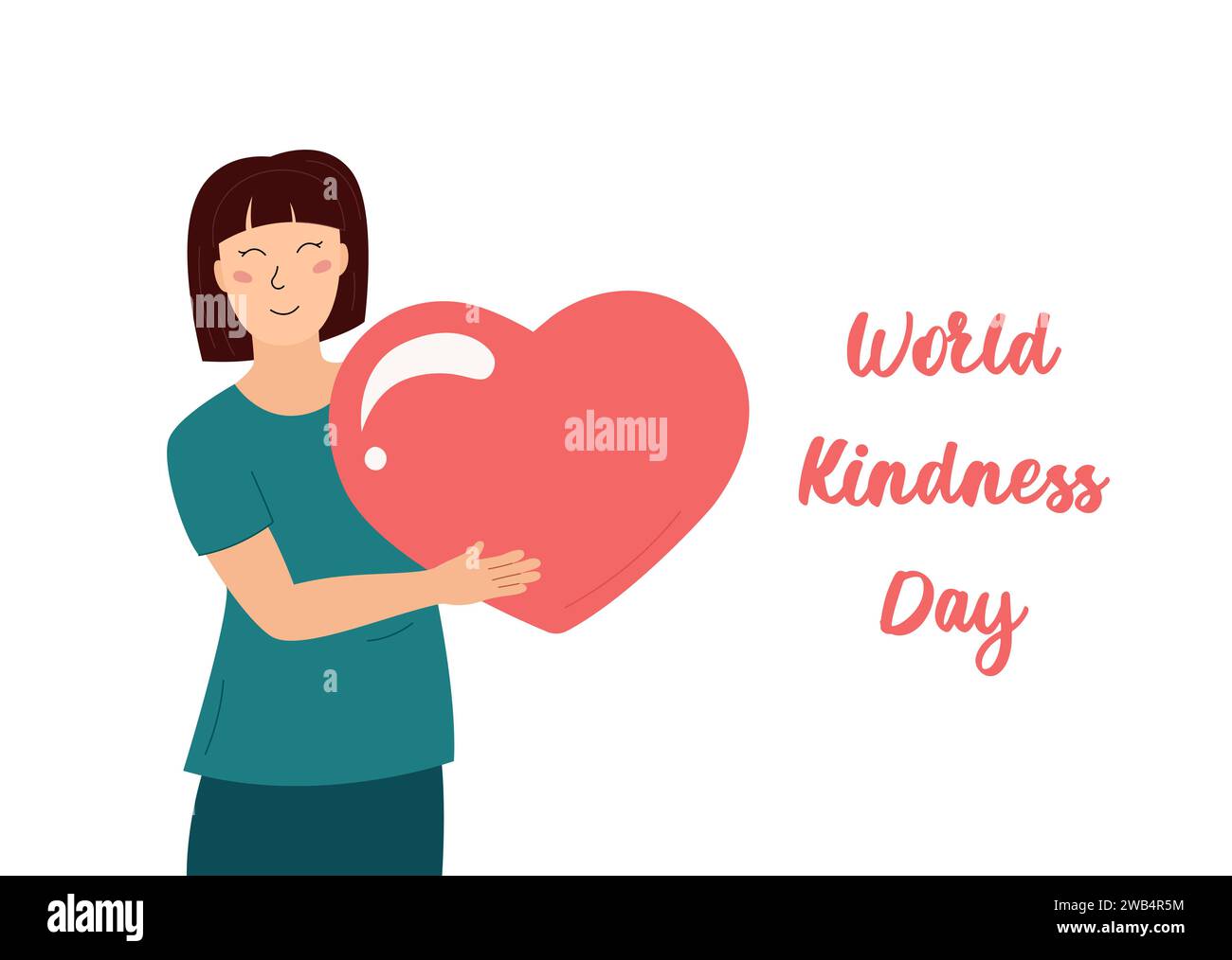 World Kindness Day November 13. Cute happy woman holding big heart ...