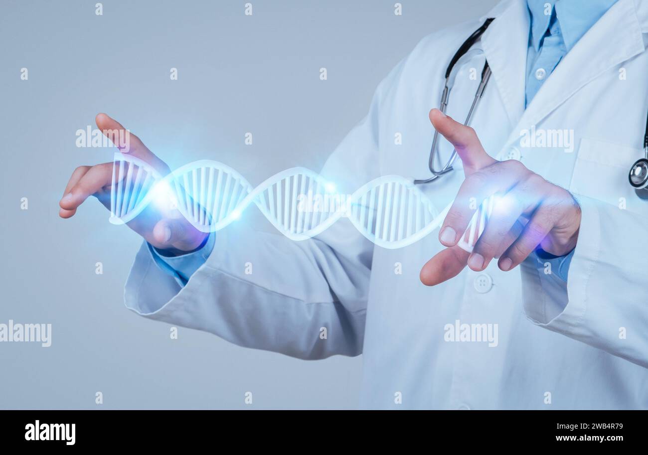 Unrecognizable medical innovator navigates blue-hued virtual DNA with ...