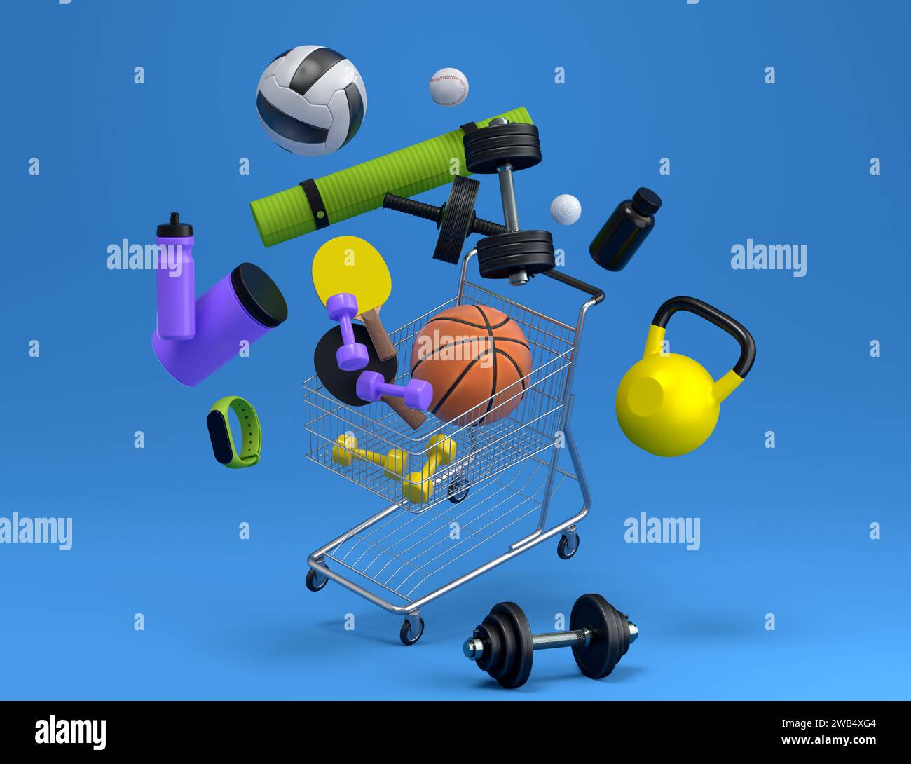 Sport equipment for fitness, gym, crossfit in shopping cart on blue ...