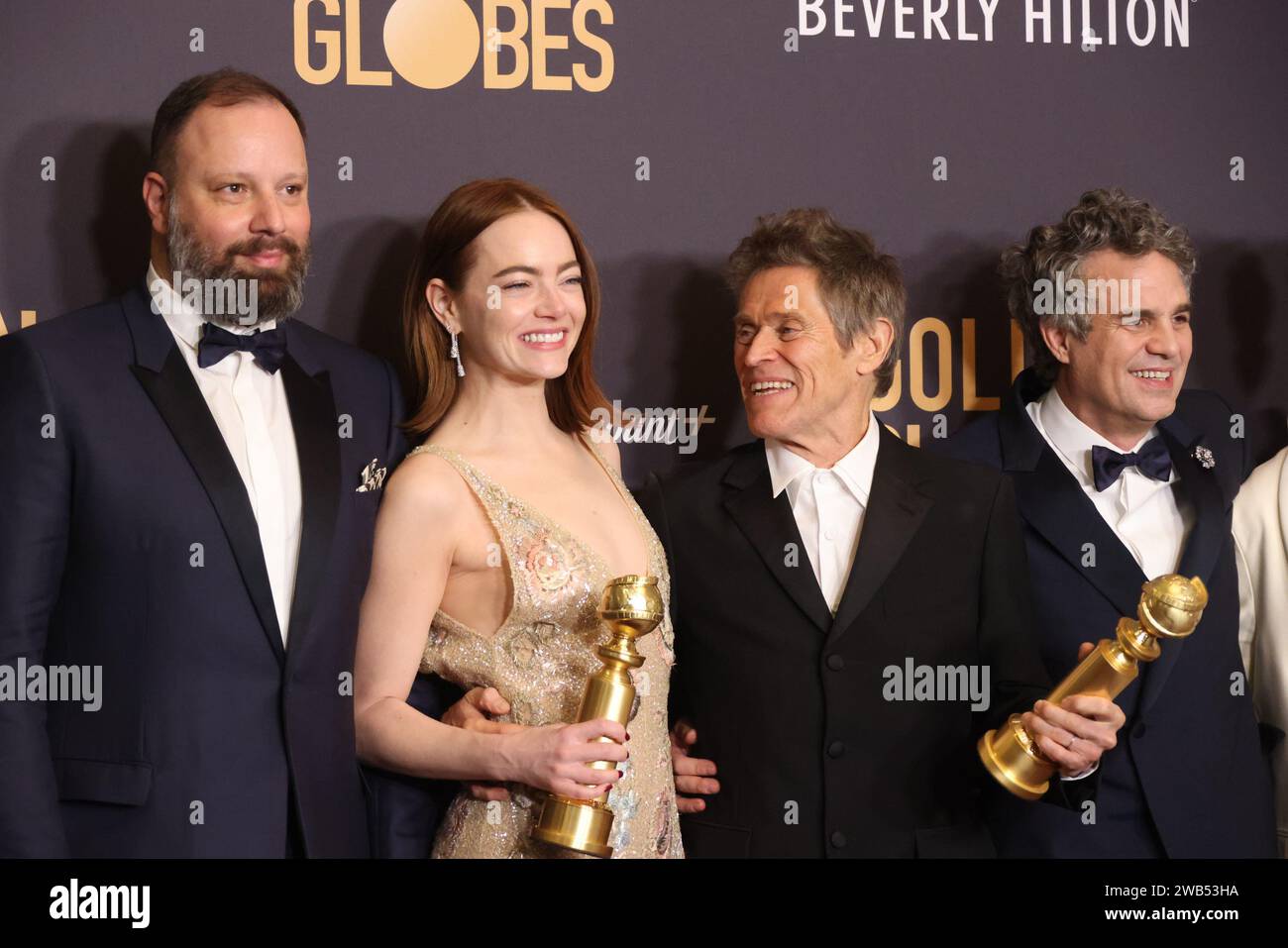 Beverly Hills, USA. 07th Jan, 2024. (L-R) Yorgos Lanthimos, Emma Stone, Willem Dafoe, Mark ...