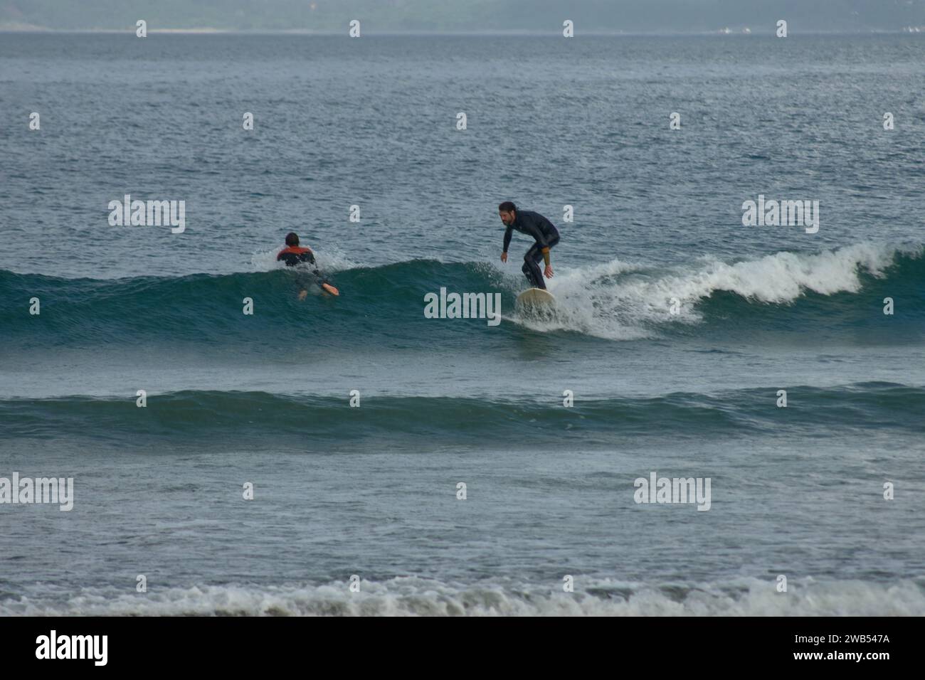 Patos beach in Nigrán Pontevedra is filled with surfers when strong ...