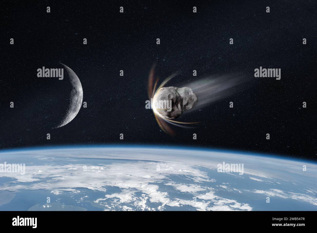 Asteroid in outer space near Earth planet. Meteorite on orbit of Earth ...