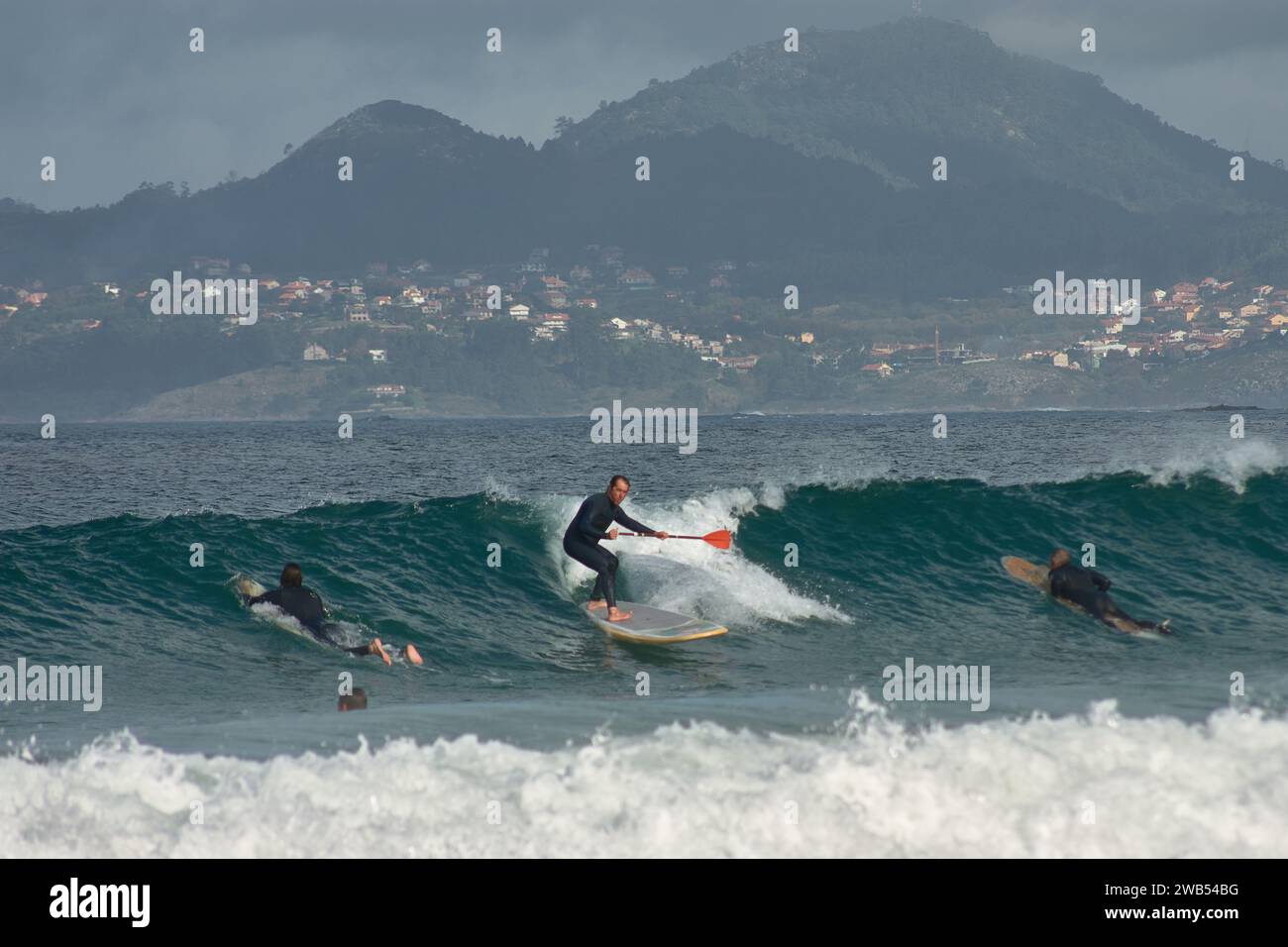 Patos beach in Nigrán Pontevedra is filled with surfers when strong ...
