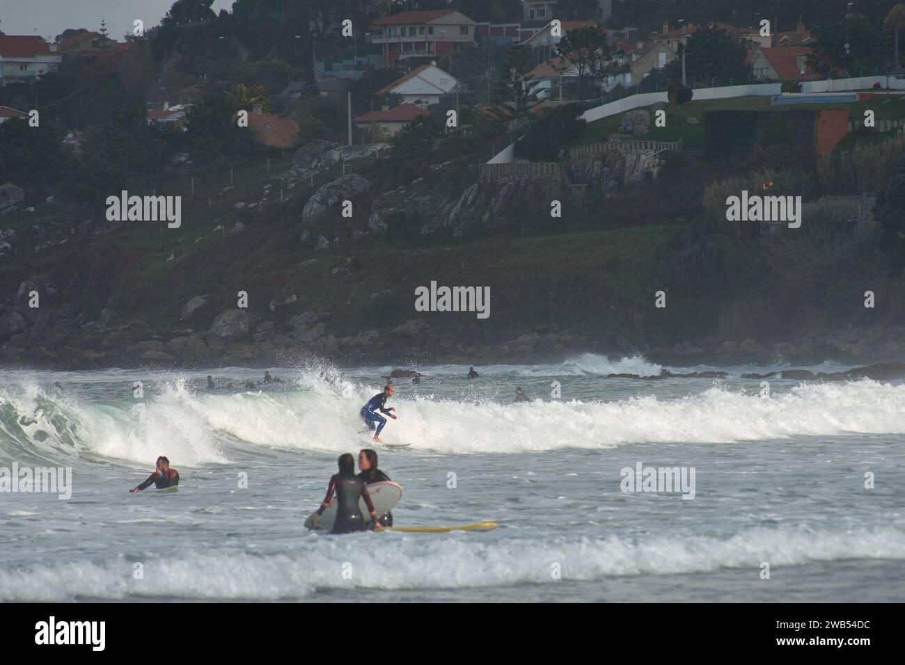 Patos beach in Nigrán Pontevedra is filled with surfers when strong ...