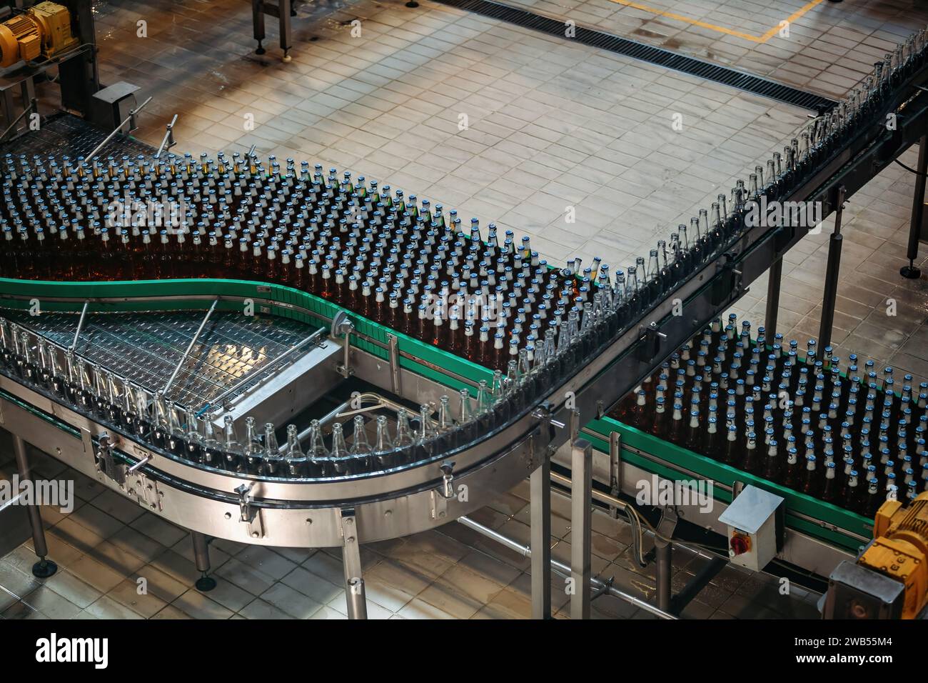 Modern automated beer bottling production line. Beer bottles moving on ...