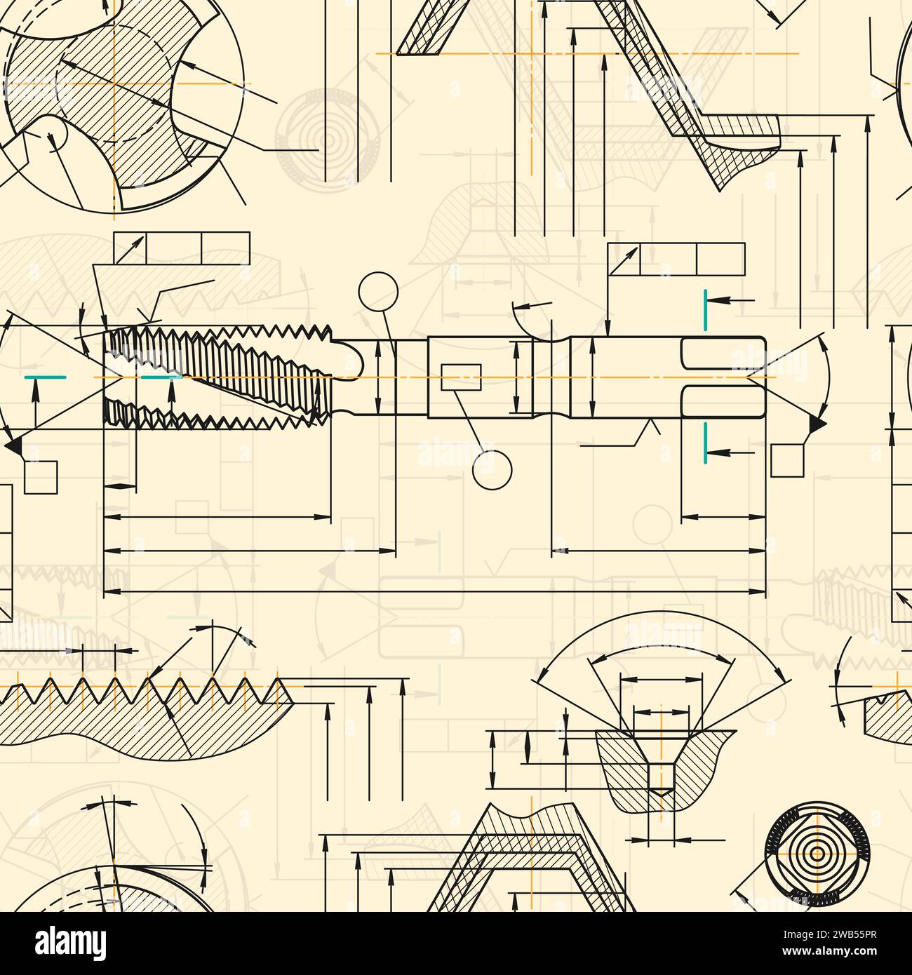 Mechanical engineering drawings on sepia background. Tap tools, borer ...