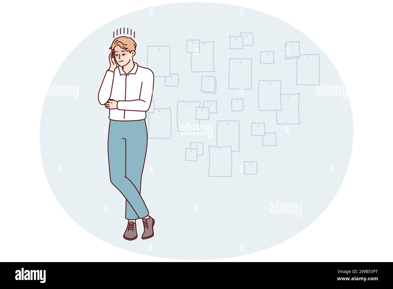 Young creative man project manager stands cross-legged and touches head ...