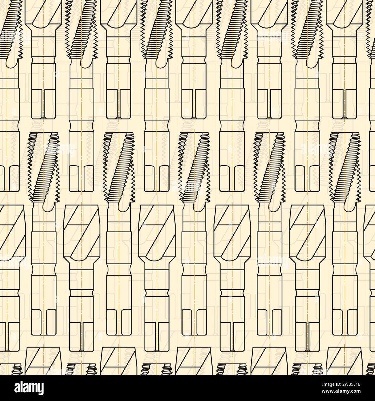 Mechanical engineering drawings on sepia background. Tap tools, borer ...