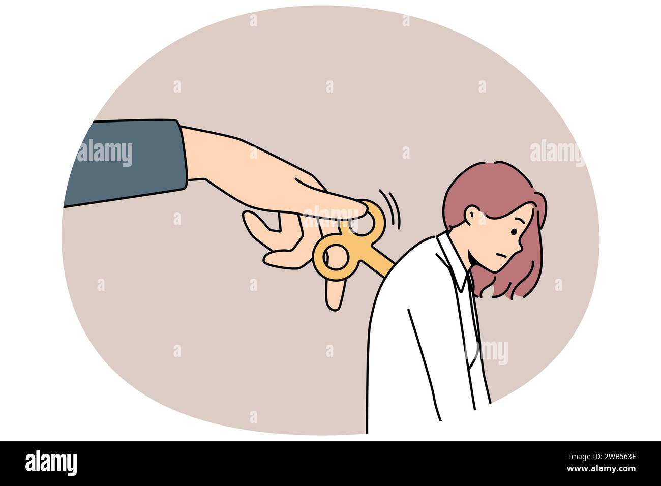 Huge hand wind up key in tired female employee back feeling exhausted ...