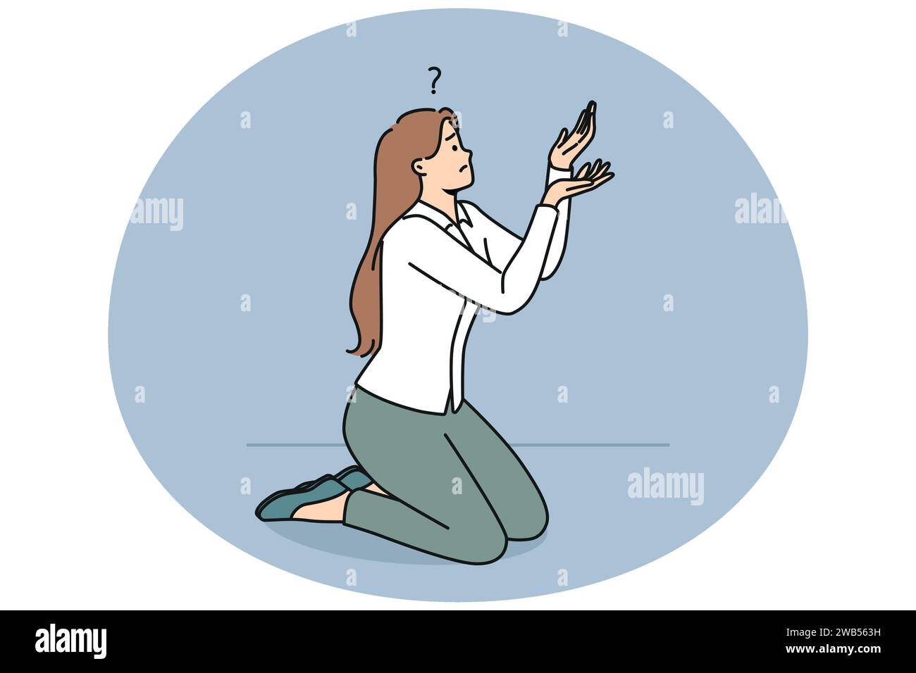 Confused businesswoman on knees praying or asking for help. Desperate ...