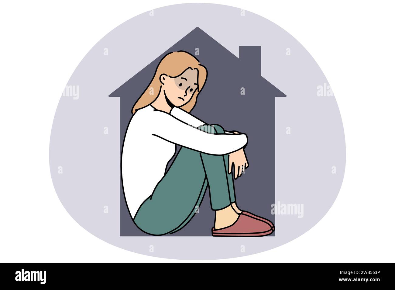 Unhappy young woman sitting in house isolating herself in dwelling ...