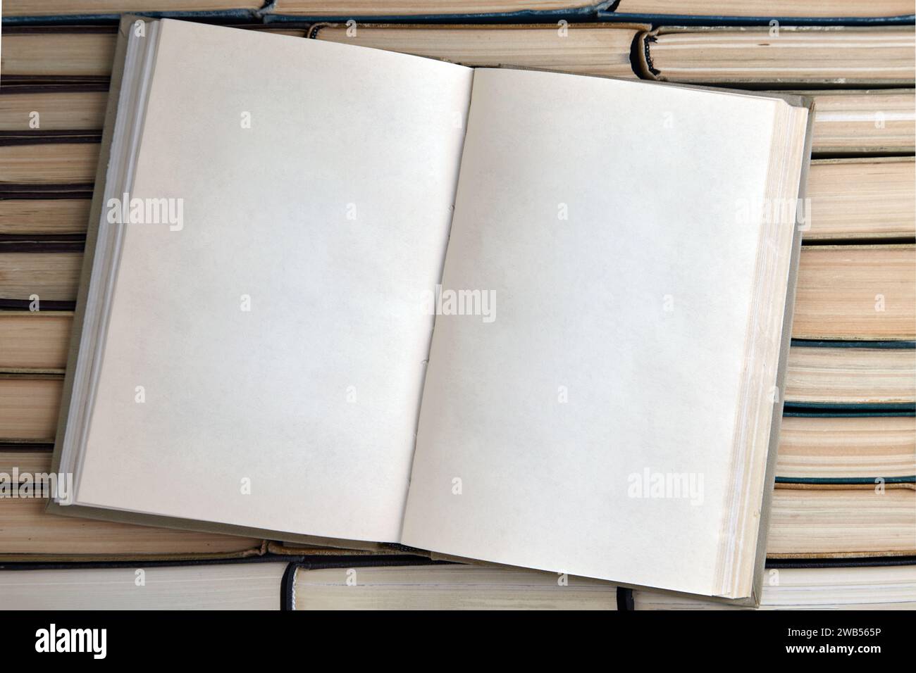 Opened diary with blank pages to place text on a stack of paper books ...