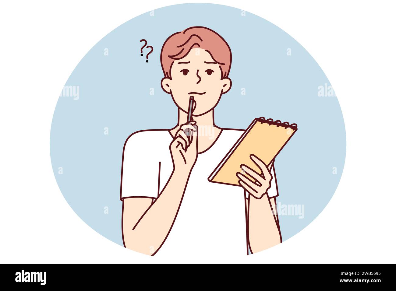 Positive thoughtful man with notebook in hand puts pen to face while ... Positive thoughtful man with notebook in hand puts pen to face while ...
