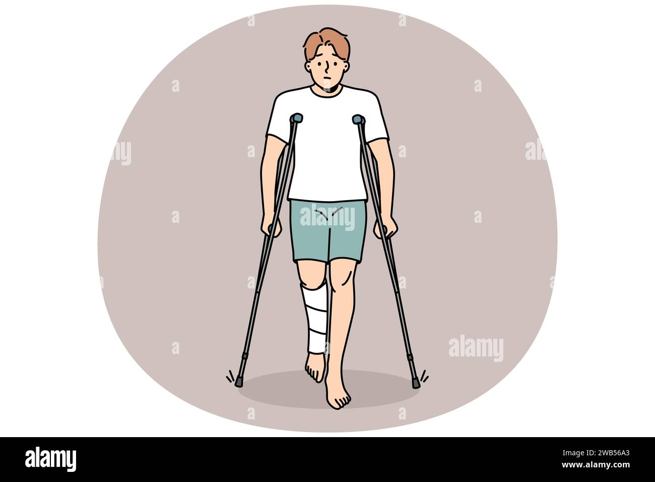 Unhappy young man with leg injury walking on crutches. Upset injured ...