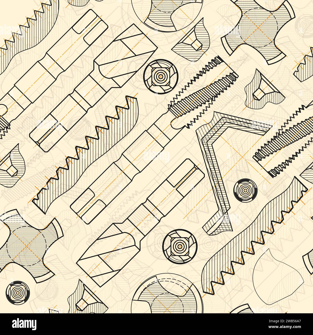 Mechanical engineering drawings on sepia background. Tap tools, borer ...