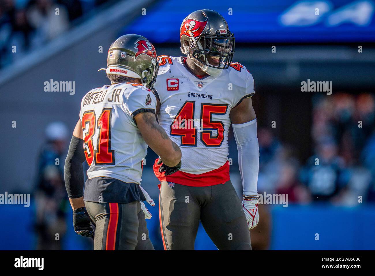 Tampa Bay Buccaneers linebacker Devin White (45) and safety Antoine Winfield Jr. (31) celebrate ...